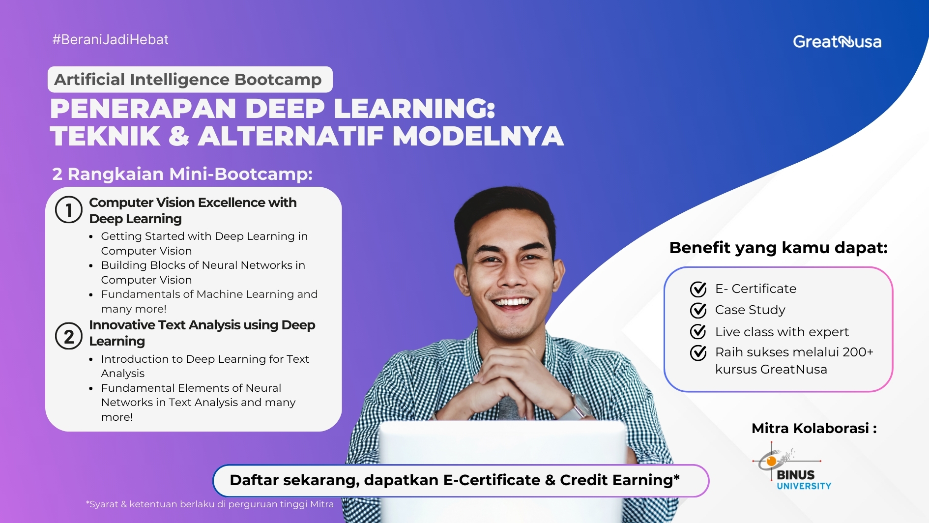 Artificial Intelligence Bootcamp - Penerapan Deep Learning: Teknik & Alternatif Modelnya - GreatNusa